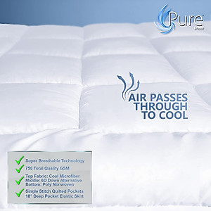 Pure Brands Full Mattress Topper & Mattress Pad Protector in One Quality Plush Luxury Down Alternative Pillow Top Make Your Bed Luxurious 18" Deep Pockets