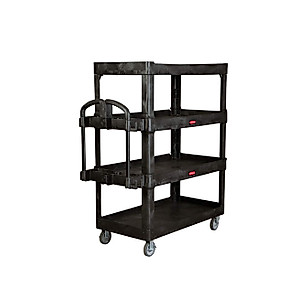 New Rubbermaid Commercial Products 4-Shelf Utility/Service Quad Cart, Heavy Duty Large, Lipped Shelf, Ergonomic Handle, 700 lbs. Capacity, for Warehouse/Garage/Cleaning/Manufacturing (2128657) Black