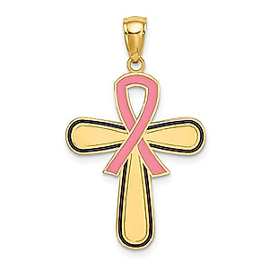 Diamond2Deal 14k Yellow Gold Enamel Pink Ribbon Breast Cancer Cross, for Women (L- 31 mm, W- 19.55 mm)