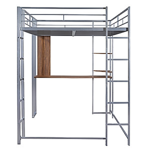 GINGVAT Full Size Metal Loft Bed with Desk and 2 Shelves,Metal Loft Bed Built-in Ladder,for Bedroom,Dorm,Apartment,Silver
