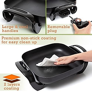 Moss & Stone Nonstick Electric Skillet 12 Inch Aluminum Electric Fryer With 2 Layers Of Non-Stick Coating | Adjustable Temperature Control | Lid With Steam Vent & Heat-Resistant Handle