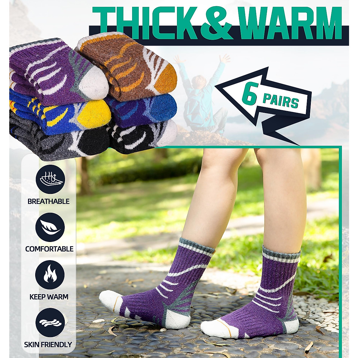 Kids Hiking Walking Socks, Boys Girls Toddlers Merino Wool Warm Socks,Wicking Cushion Crew Socks (6 Pairs A, 4-8 Years)