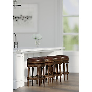 Maven Lane Pullman 26 Inch Tall Counter Height Upholstered Backless Barstool in Dark Walnut Finish with Vintage Brown Vegan Leather Cushion Seat