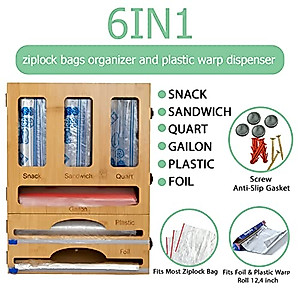 4UKIT Ziplock Bag Storage Organizer Bamboo 6 in 1- Plastic Wrap and Foil (12,4" Roll) Dispenser with Cutter-Suitable for Snack, Gallon, Quart & Sandwich Bag- Kitchen,Pantry,Cabinet,Drawer Organizer