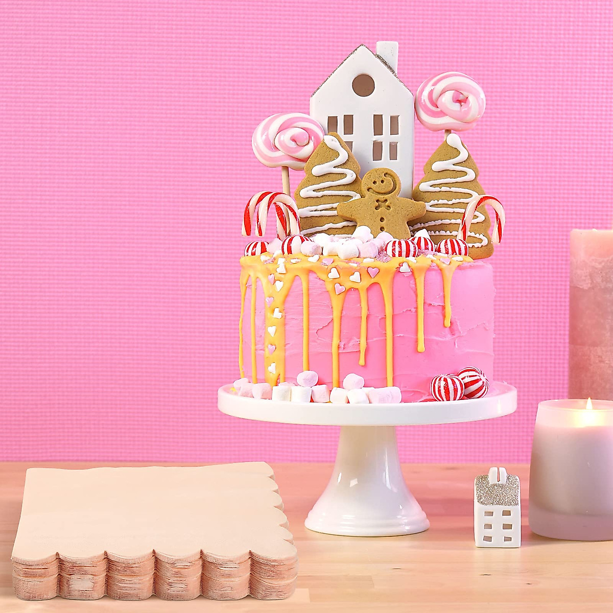 Ireer 100 Pcs Pink Napkins Disposable 5 x 5 Inch Scalloped Napkins Thick Paper Napkins Cocktail Luncheon Napkins for Tea Party Wedding Bridal Baby Shower Thanksgiving Christmas Dinner Birthday