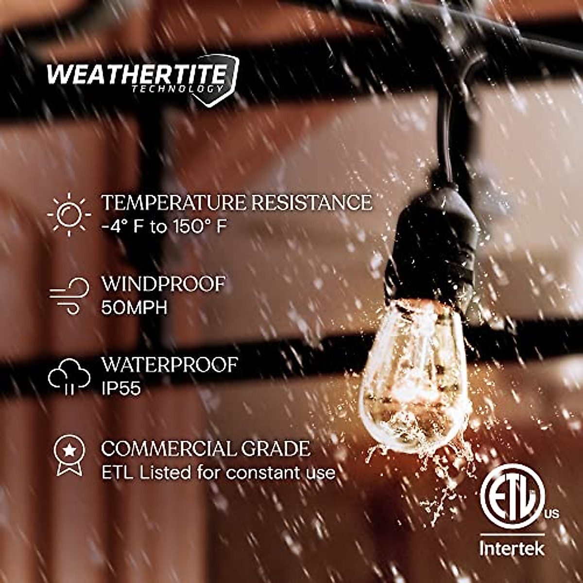 Brightech Ambience Pro Outdoor String Lights - Commercial Grade Waterproof Patio Lights with 48 Ft Dimmable Incandescent Edison Bulbs, Porch String Lights For Patio, Backyard, Christmas - 15 Bulbs 11W