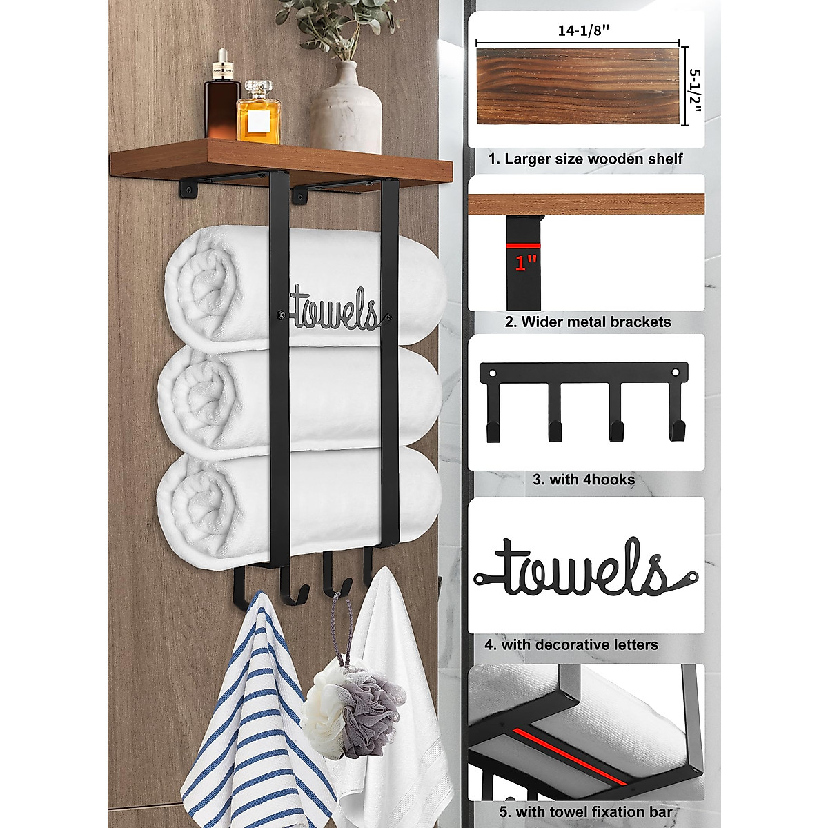 Towel Holder Bathroom Storage with Wooden Shelf and 4 Hooks Towel Rack Wall Mounted for Rolled Towels Towel Organizer for Narrow Bathroom Accessories and Decor