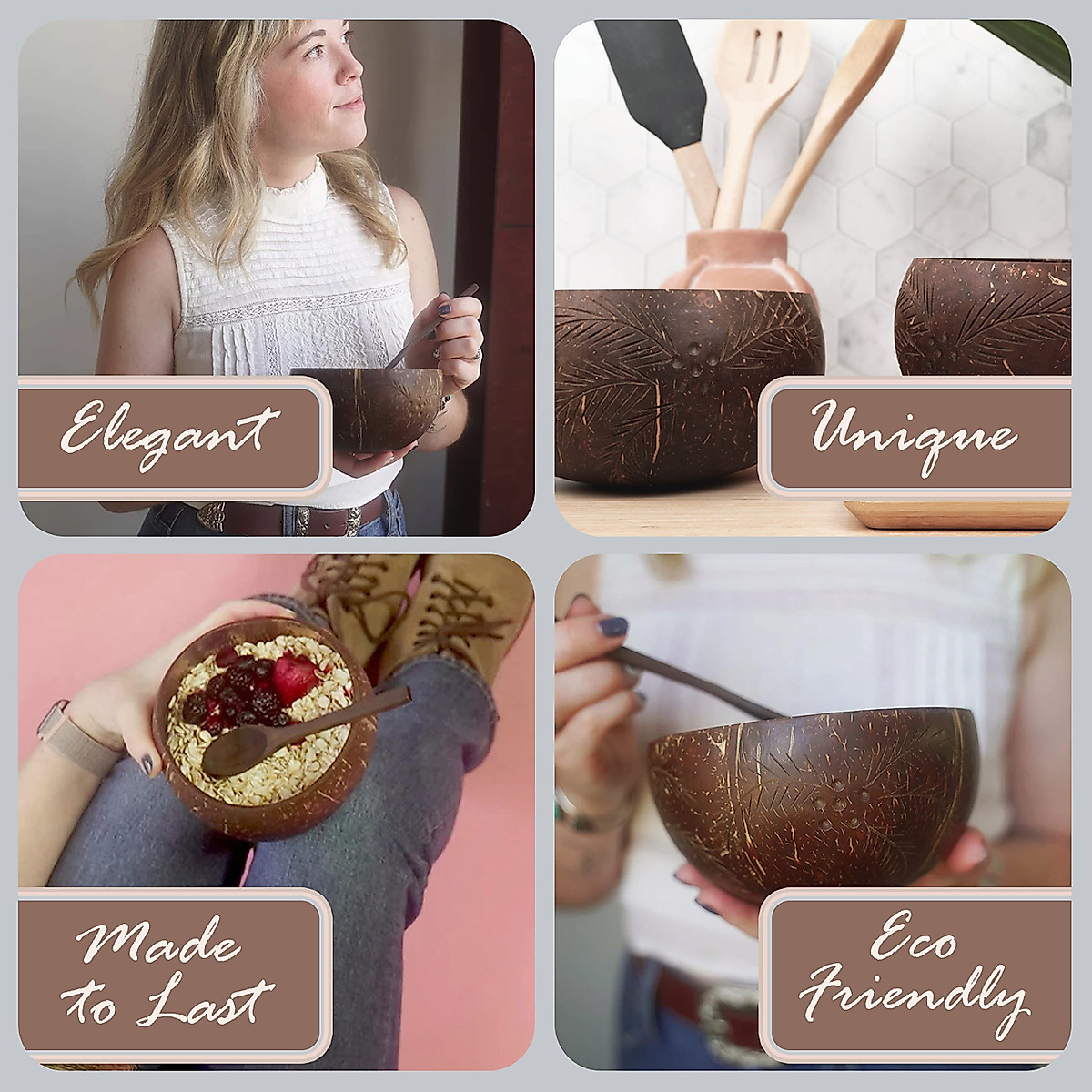 Coconut Bowls Set of 2 – Palm Leaf Design Wooden Bowls With Bamboo Straws, Wooden Forks & 2 Spoons – Natural Hand Carved Coconut Shell Bowl… (2, Palm Leaf)