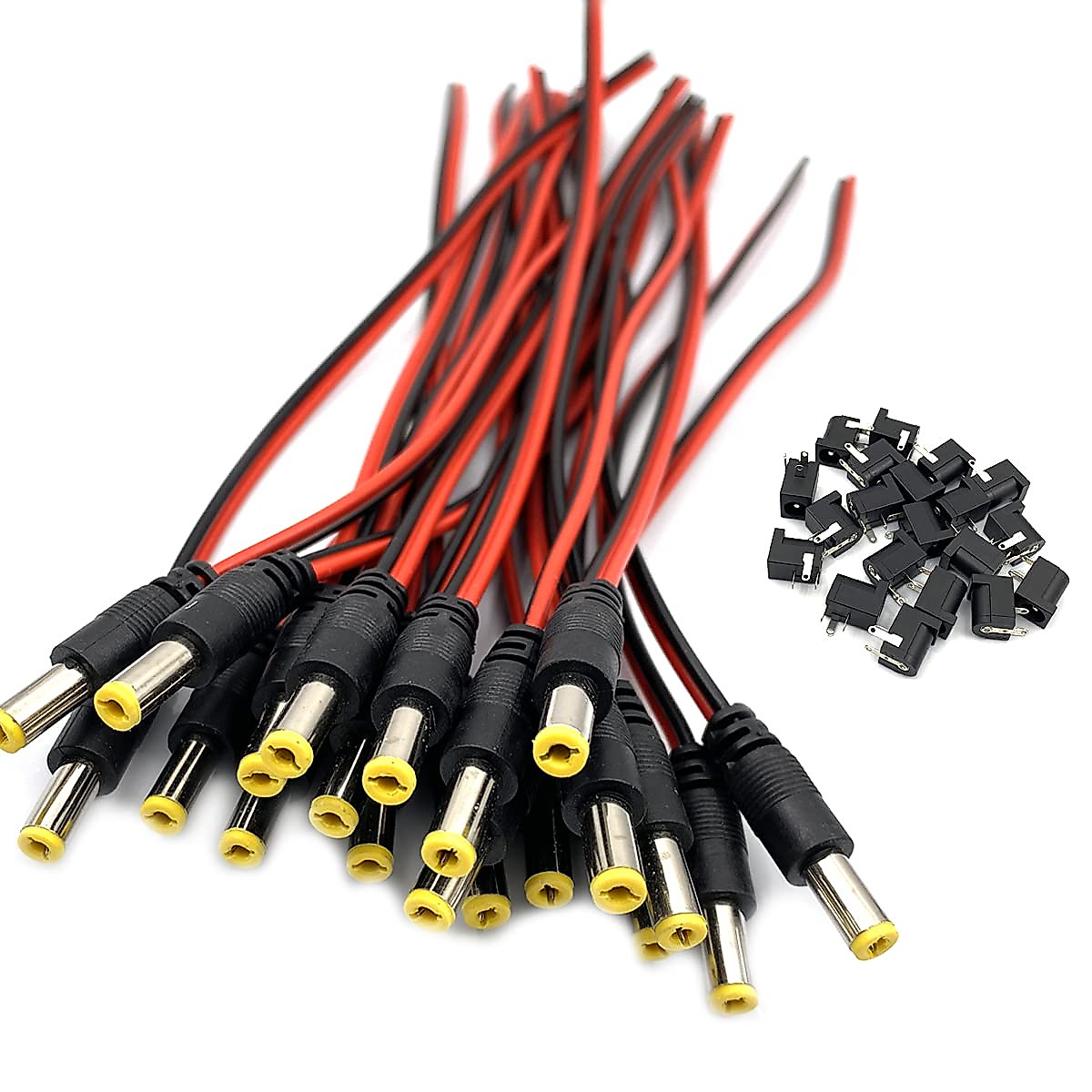 DEVMO 20PCS DC Power Jack Socket Connector 5.5 x 2.1mm DC-005 Black Barrel-Type PCB Mount + 12V DC Power Jack Connector Cable