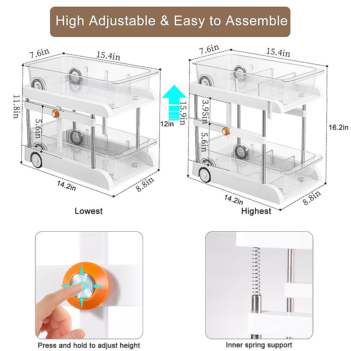 2-Layer Transparent Bathroom Organizer with 2 Drawer Organizers and Storage Space, Drawer Storage Container with 6 dividers, Kitchen Organizer Under Sink, Multi-Purpose Bathroom Organizer
