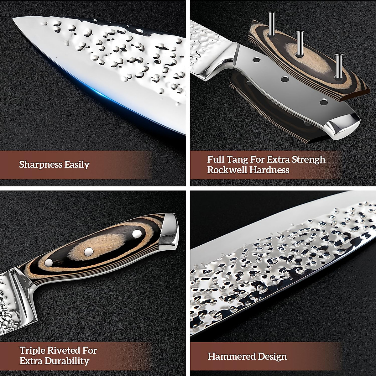 Knife Sets for Kitchen,15-piece Hammered Desgin Knife Set with Block and Sharpener, High Carbon Stainless Steel Chef Knives with Grey Triple Rivet Handle, Ultra Sharp and Dishwash Safe