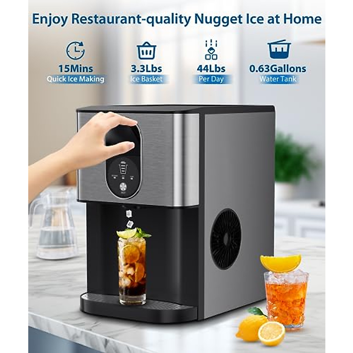 Joy Pebble Nugget Ice Maker Dispenser, Self Dispensing Pellet Ice Maker, 44lbs/24H, 15mins Quick Ice Make, 3.3lbs Ice Storage, Ice Full Indicator, Self-Cleaning, Home, Kitchen, Bar, Party