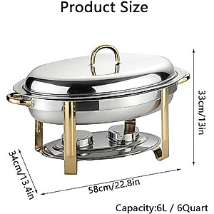 6 Quart Gold Accented Oval Chafing Dish, Full Size Stainless Steel Chafer and Buffet Food Warmers Sets Tray Buffet Catering for Banquets Party (1)