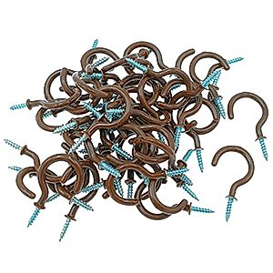 Kinteshun Cup Ceiling Hooks,Medium Size Vinyl Coated Screw-in Open Hooks Hangers(50pcs,1.25 inches,Brown)
