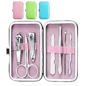 YWQ 3 Pack 7Pcs Manicure Set,Cute and Surprisingly Sturdy Stainless Steel Nail Clipper Set with case, Great Gifts Personal Pedicure Kit for Women Men Girls Travel, Pink Blue Green