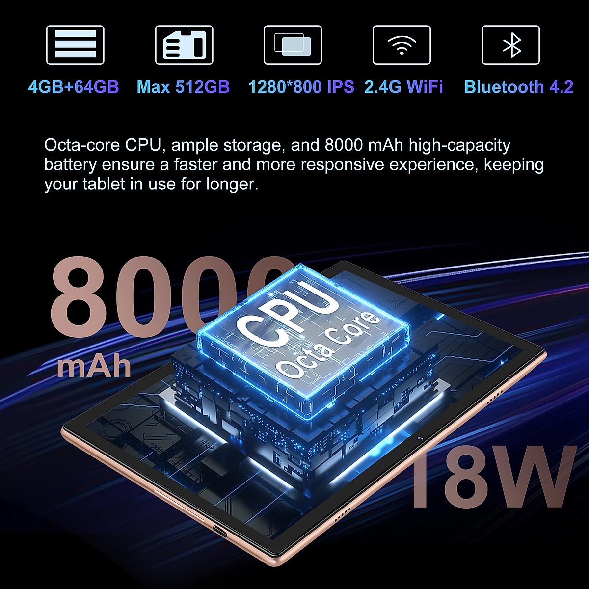 𝐎𝐚𝐧𝐠𝐜𝐜 Android 12 Tablet 10.1 Inch 2023 Newest Tablets, 4GB + 64GB (Max 128G) 8000mAh Battery with Bluetooth Keyboard | Mouse | GPS | Dual Camera | Case | WiFi support and More - A6 (Gold)