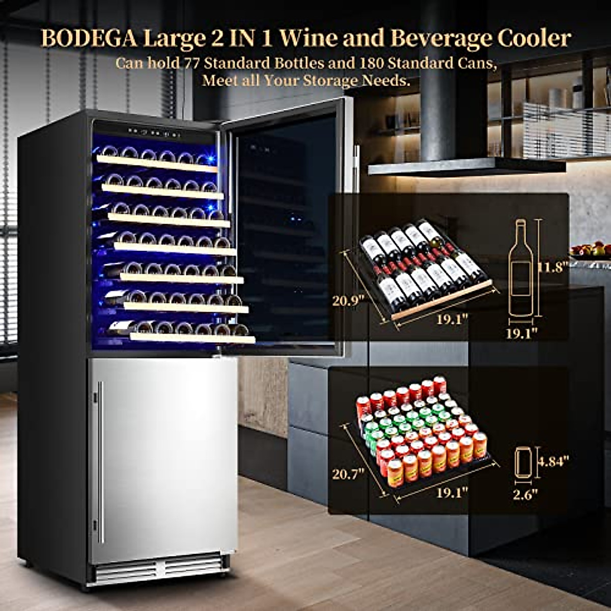 BODEGA 24 Inch Wine and Beverage Refrigerator Cooler,Dual Zone Wine Fridge with Memory Temperature Control 77 Bottles and 180 Cans,Built-In or Freestanding 2-in-1 Wine Cooler for Home Bar Kitchen