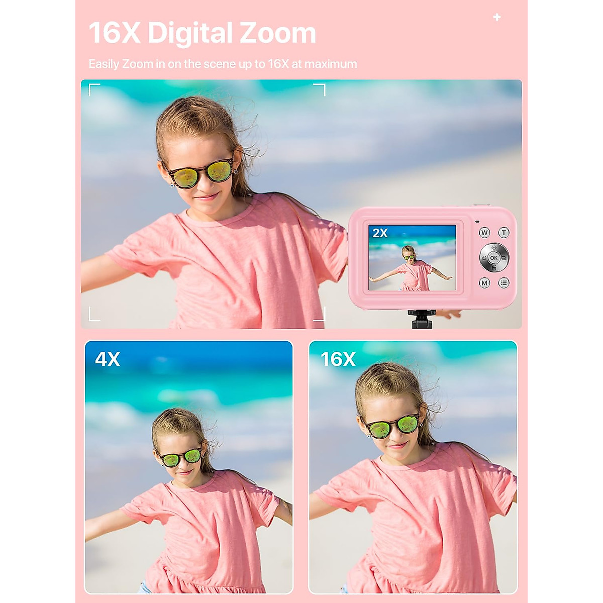 Digital Camera, FHD 1080P Kids Camera with 32GB SD Card 16X Digital Zoom Portable Small Camera, Compact Point and Shoot Camera Mini Digital Camera for Teens Kids Boys Girls Students Seniors - Pink