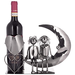 BRUBAKER Bottle Holder Wine - Couple on The Moon - Lovers Sculpture Metal - Bottle Stand with Greeting Card