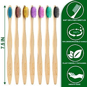 NUDUKO Biodegradable Bamboo Toothbrushes, 10 Piece BPA Free Soft Bristles Toothbrushes, Natural, Eco-Friendly, Green and Compostable (Multicolored Bristles)