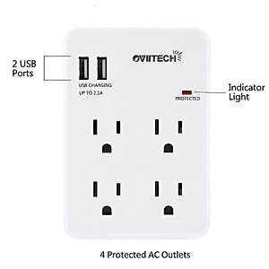 Multi-Functional Wall Mount Outlet,Surge Protector,OviiTech 4-Outlet With USB 2.1A Charging Ports Socket Outlets Adapter,1875 W,450 Joules,White,ETL Listed,2 Pack