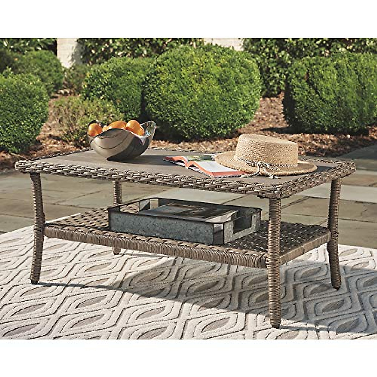 Signature Design by Ashley Clear Ridge Outdoor Wicker Coffee Table with Rust Free Aluminum Base, Light Brown