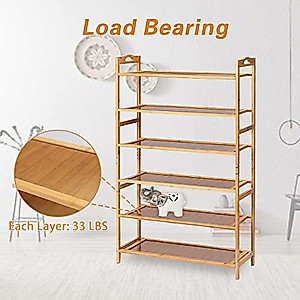 KUJOBUY Bamboo Shoe Rack 6 Tier Natural Wooden Rack Multipurpose Storage Organizer Free Standing Shelves Books Flowerpots Plants Entryway Closet
