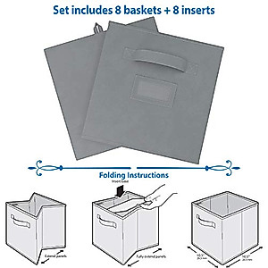 Royexe Item Container 11 Inch Storage Cubes (Set of 8) Storage Baskets, Features Dual Handles & 10 Label Window Cards, Foldable Fabric Closet Shelf, Drawer Organizers Storage, Polypropylene, Gray
