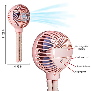 Leipple Mini Handheld Stroller Fan,Personal Portable Clip-on Desk Fan with Flexible Tripod,Rechargeable USB Fan Adjustable 3 Speeds for Camping Car Seat Crib Bike Treadmill Gym (Pink)