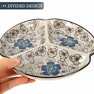 Kichvoe Ceramic Divider Dishes Compartment Food Plate Japanese Divided Serving Platter 3 Section Snack Tray Dried Fruit Storage Plate-7inch