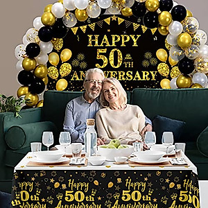 DARUNAXY 50th Wedding Anniversary Decorations, Large Happy 50th Anniversary Banner 70 x 43inch, 50PCS Black Gold Confetti Balloons, 2PCS Tablecloths for Cheer to 50 Year Party Supplies for Men Women