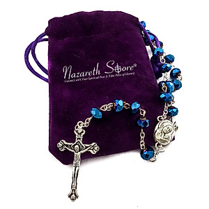 Nazareth Store Deep Blue Crystal Beads Rosary Catholic Necklace Holy Soil Medal Cross Crucifix Velvet Bag
