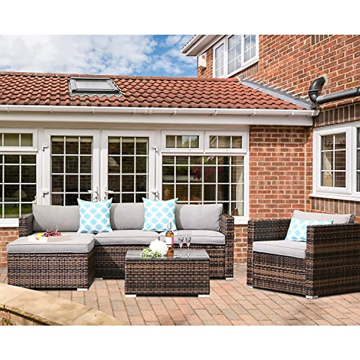 HOMPUS 6 Pieces Outdoor Furniture Set, All-Weather Patio Conversation Set Brown Handwoven Wicker w/Washable Gray Cushions, Glass Coffee Table, Modular Sectional Sofa Set for Backyard Garden Deck Pool