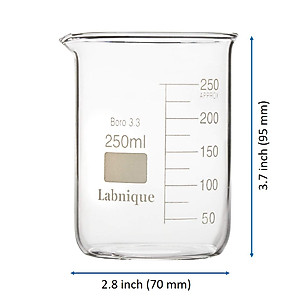 Labnique Borosilicate 3.3 Glass Griffin Beaker, Low Form with Printed Graduation, Double Boxed, 250ml (Pack of 8)