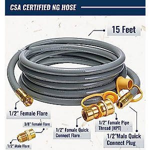 CALPOSE 15 Feet 1/2 inch ID Natural Gas Grill Hose with Quick Connect Fittings, Natural Gas Line for Grill, Pizza Oven, Heater and More Low Pressure Appliance