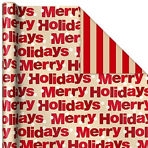Hallmark Reversible Christmas Wrapping Paper (3 Rolls: 120 sq. ft. ttl) "Merry Holidays," Snowflakes, Snowmen, Red Stripes