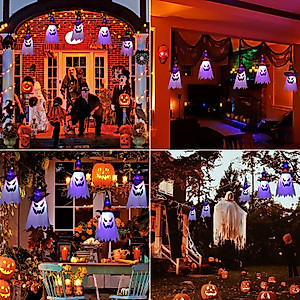 Halloween Decorations Outdoor,Hanging Glowing Ghost Witch Hat with String Lights,Scary Halloween Tree Decorations Ornaments for Indoor Outside Home Window Porch Garden Yard Party Decor