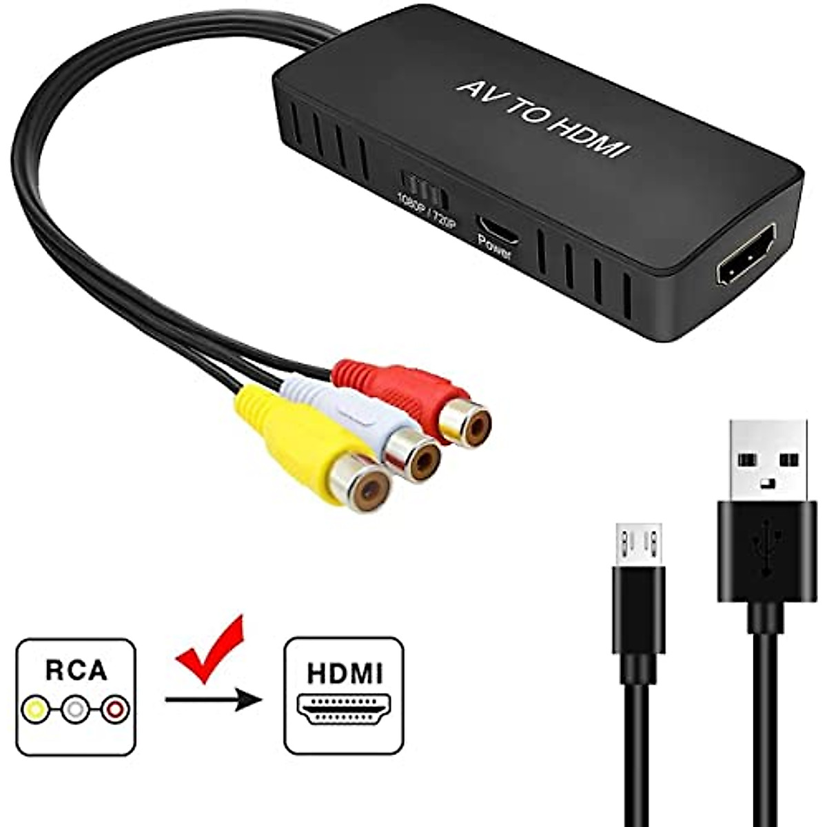 SWR RCA to HDMI Converter, Composite to HDMI Adapter Support 1080P PAL/NTSC Compatible with STB, VHS, VCR,Xbox, PS one, PS2, PS3,Blue-Ray DVD Players
