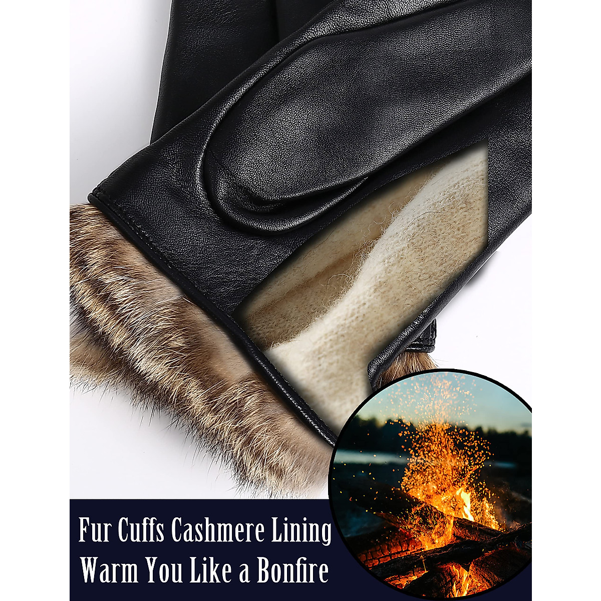 VIKIDEER Winter Warm Cashmere Lining Rabbit Fur Cuffs Leather Gloves for Women Touchscreen Black Large