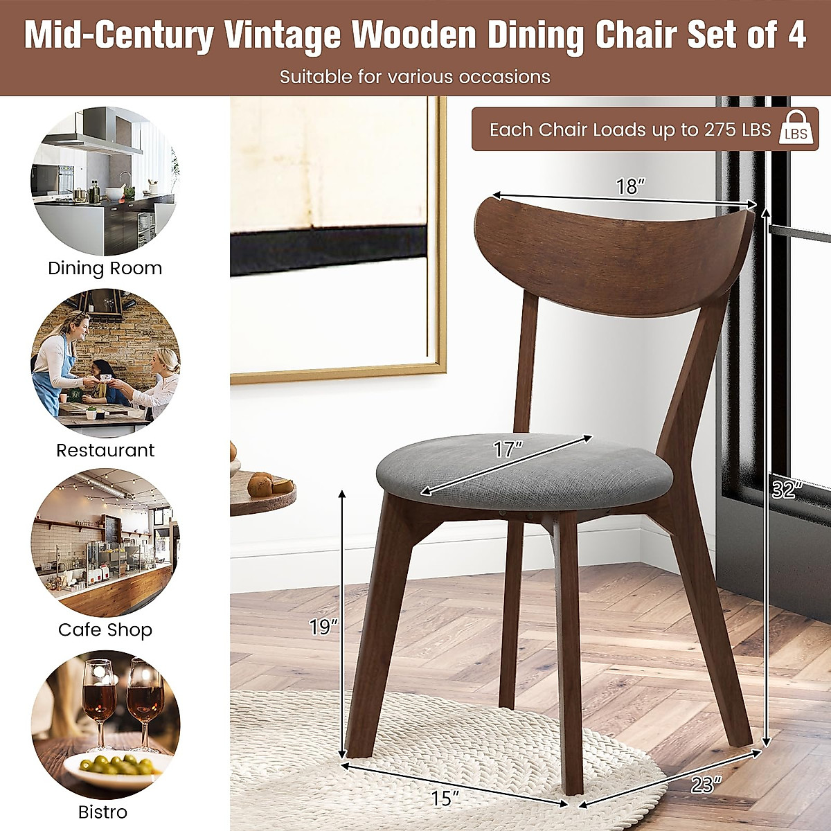 COSTWAY Dining Chairs Set of 2, Mid-Century Modern Kitchen & Dining Chairs with Curved Back and Cushioned Seat, Walnut Finished Wood Living Room Side Chairs for Kitchen, Dining Room, Bistro