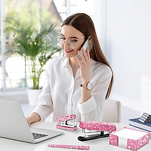 10 Pcs Bling Office Accessories for Desk Bling Crystal Office Supplies Set Desk Accessory Kit Glitter Stapler Staple Remover Tape Dispenser Diamond Pen Scissors for Women Office Home Desk (Pink)
