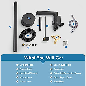 RUMOSE Tub Filler Freestanding Bathtub Faucet with 12.2 Inches Towel Bar Matte Black Floor Mount Tub Faucet Swivel Spout High Flow Bathtub Filler with Handheld Sprayer, Towel Rack