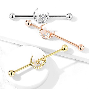 Pierced Owl CZ Crystal Paved Crescent Moon and Star Stainless Steel Industrial Barbell (Silver Tone)