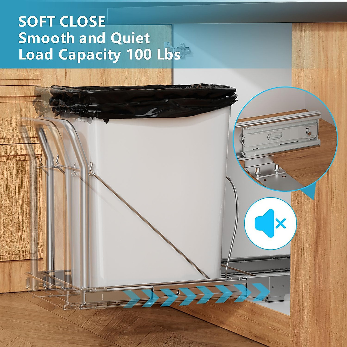 Storvexify Pull Out Trash Can Under Cabinet with Soft Close Slides，Heavy Duty Under Counter Garbage Cans for Kitchen, Requires 13" W X 18" D Minimum Cabinets，Chrome，Waste Bin Not Included