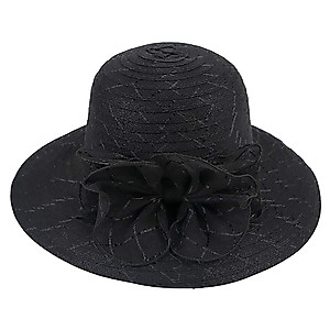 Women Organza Church Hat - Wide Brim Sun Hat Wedding Bridal Flower Church Hat Fascinator Hat (US, Alpha, Medium, Black)