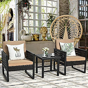 RELAX4LIFE 3-Piece Patio Furniture Set - Wicker Rattan Sofa Set, Bistro Set with Coffee Table, Seat & Back Cushions, Outdoor Conversation Set for Garden, Backyard, Poolside