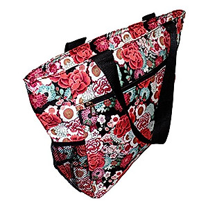 Large Multi - Pocket Fashion Zipper Top Beach Bag Tote - Custom Embroidery Available (Garden Floral)