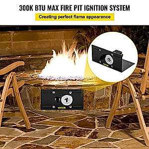 VEVOR Fire Pit Gas Burner Spark Ignition Kit, 300K BTU Fire Pit Ignition System, Stainless Steel Fire Pit Igniter, with 1/2'' Key Valve with Key and Leads & Ground Wire Black Retractable