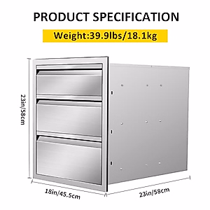 SGOLAN Outdoor Kitchen Drawers 18" W x 23" H x 23" D Flush Mount Triple BBQ Drawers with Hidden Handle Stainless Steel Drawer for Outdoor Kitchen Island, Patio Grill Station