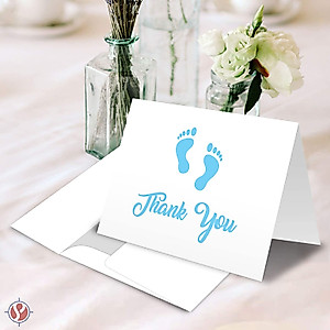 Baby Boy Blue Footprint Thank You Greeting Cards, Baby Shower, Birthdays, Invitation Congratulations Celebration Celebratory Appreciation Cards – 25 per Pack, Envelopes Included – 4.25" x 5.5"